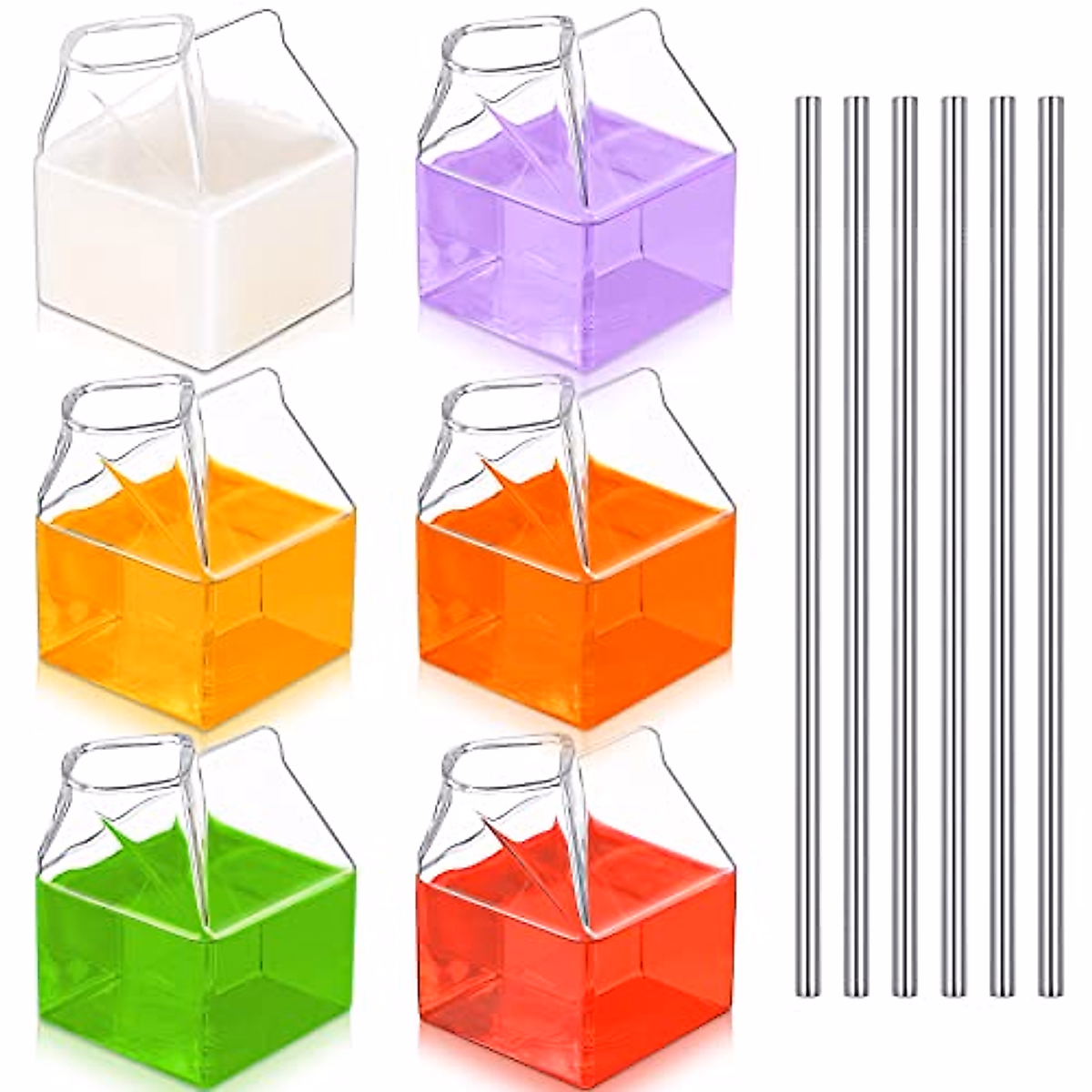 6 Pieces Clear Milk Carton Reusable Glass Container with 6 Stainless Steel Straws 12 oz Glass Milk Bottle Mini Creamer Pitcher Milk Carton Cup Hand Blown Box for Cocktail Juice Coffee Hot Water Coffee