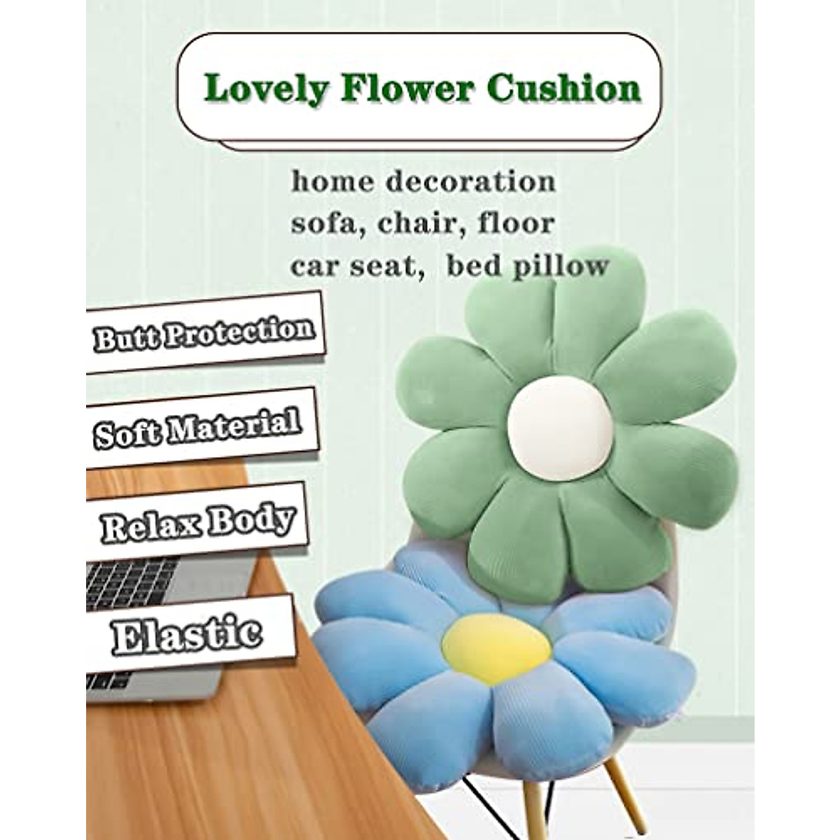 LRKOAYJGO Flower Pillow, Flower-Shaped Throw Pillow Butt Seating Cushion Flower Floor Pillow, Cute Decorative Plush Pillow for Chair Bed Sofa (Green, 14.9"