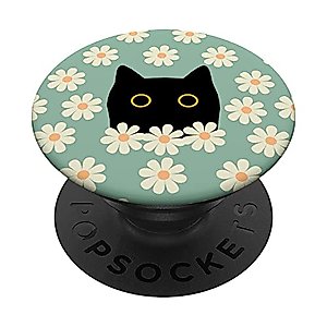 Floral Retro Aesthetic Cute Black Cat Hiding In Daisy Flower PopSockets Swappable PopGrip