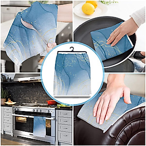 LOVE HOME DAY Kitchen Towel Set of 3, Nature Marble Texture Golden Wave Point Lines Art Hand Towels Absorbent Microfiber Dish Cloth Abstract Blue Gradient Washable Tea Bar Dishcloth Cleaning Cloths