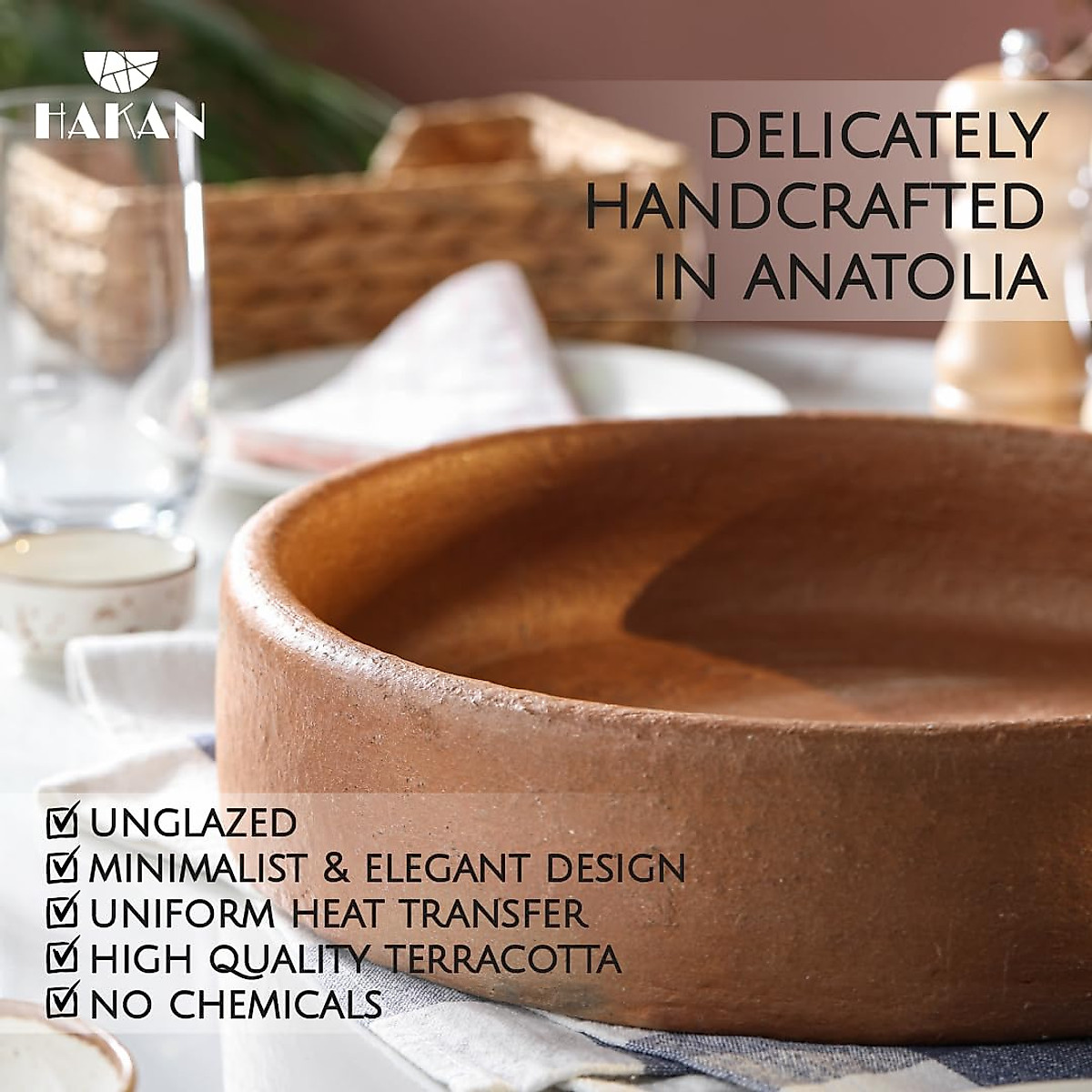 Hakan Natural & Handmade Terracotta Pan for Cooking | Authentic Clay Pan, Cazuela Dish, Ancient Mexican Clay Cookware, Earthenware Mud, Pottery Kitchenware (Midi 14 in)