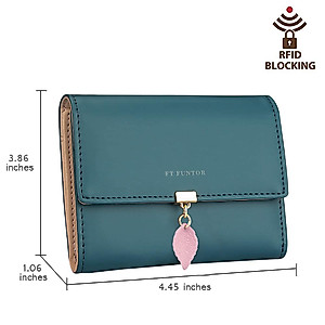 FT FUNTOR RFID Wallets for Women, Leaf Card Holder Trifold Ladies Wallets Coins Zipper Pocket with ID Window Small Teal Blue