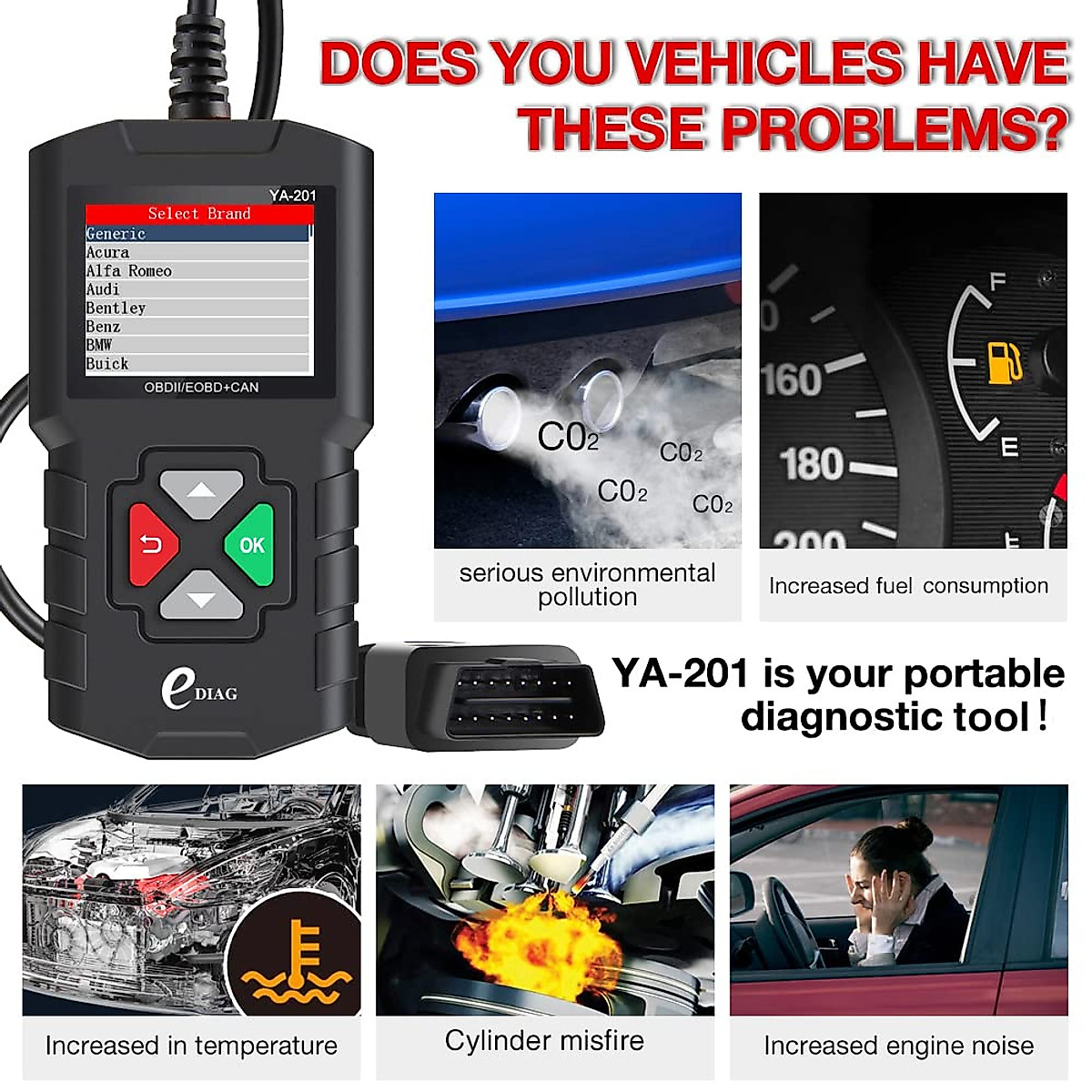EDIAG YA-201 Obd2 Scanner, Full OBD2 Modes Check Engine Code Reader After 1996 All OBDII/EOBD/KOBD/CAN Cars, O2 Sensor EVAP Systems, Battery Test,Live Data Stream,Plug & Play