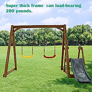Wood Swing Set for Backyard, 2 in 1 Outdoor Swing Set with Slide, Climbing Rope Ladder Kids Backyard Playset