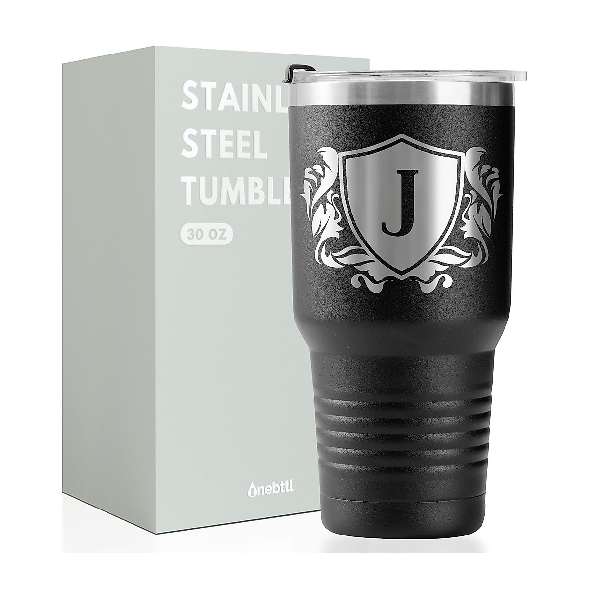 Onebttl Personalized Gifts for Men with Initial J, Monogrammed Travel Tumbler for Him, Custom Coffee Cups, Unique Birthday Christmas Gifts for Men who Have Everything, Black, 30oz