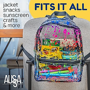 Aussa Heavy Duty Clear Backpack, Clear Bag Stadium Approved for School, Concerts, Games, Small Backpack 12x6x12 Clear Stadium Bag, Clear Backpack for Girls, Boys, Adults Bookbag - Paint Splatter