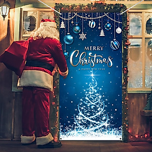 Christmas Decorations Merry Christmas Door Cover Christmas Background Banner Xmas Door Hanging Covers Photo Booth Props for Christmas Party Decorations Supplies, 70.9 x 35.4 Inch (Blue Style)