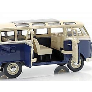 KINGSMART 1962 Volkswagen Classic Hippy Bus 7" 1:24Scale Blue Die Cast Metal Model Toy Pull Back Action Car