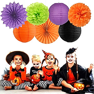 Black Purple Orange-Green Halloween Party-Decorations - 20pcs Paper Lanterns Fans,Tissue Pom Poms,Honeycomb Balls,Hotel Transylvania Hocus Pocus Birthday Baby Bridal Shower Wedding Decor Burgleda