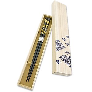 Hashimoto-Kousaku Wajima Japanese Natural Lacquered Wooden Chopsticks Reusable in Gift Box, Seasonal Scenery Naminohana (Black) Made in Japan, Handcrafted