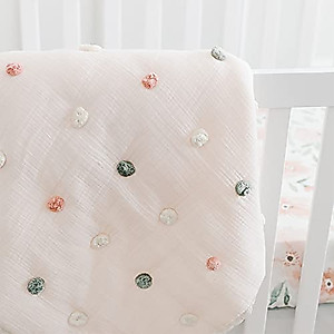 Crane Baby Blanket, Soft Cotton Pom Pom Nursery and Toddler Blanket for Boys and Girls, Light Pink, 36” x 36”