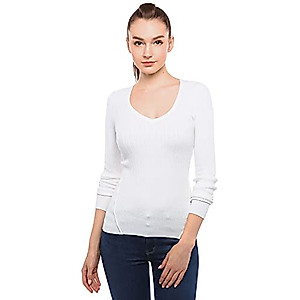AmélieBoutik Women V Neck Long Sleeve Ribbed Pullover Knit Sweater Top (Ivory White Medium)