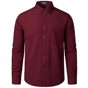 ZEROYAA Men's Regular Fit Dress Shirt Solid Wrinkle-Free Long Sleeve Casual Business Button Up Shirts with Pocket ZSSCL05-Maroon Small