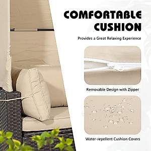 TITIMO 6 Pieces Patio Furniture Set Outdoor Conversation Set Daybed with Retractable Canopy, Patio Sectional Rattan Sofa Set with Adjustable Backrest for Poolside Backyard (Beige) (Beige)