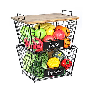 2 Stackable Wire Storage Baskets with Wood Lid and Chalkboards - Kitchen Countertop Organizer for Fruit Vegetable（Onion, Potato) Food Produce - Metal Bin for Pantry Organization and Storage, Black