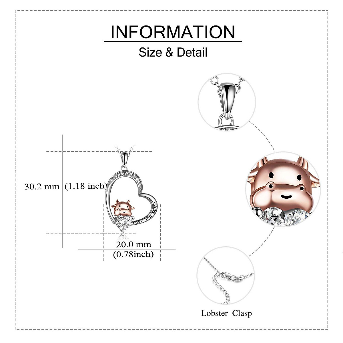 ONEFINITY Sterling Silver Lovely Cow Necklace Heart Pendant Necklace with Engraved Word Heart Necklace Mother's Day Gifts for Women Mom Wife