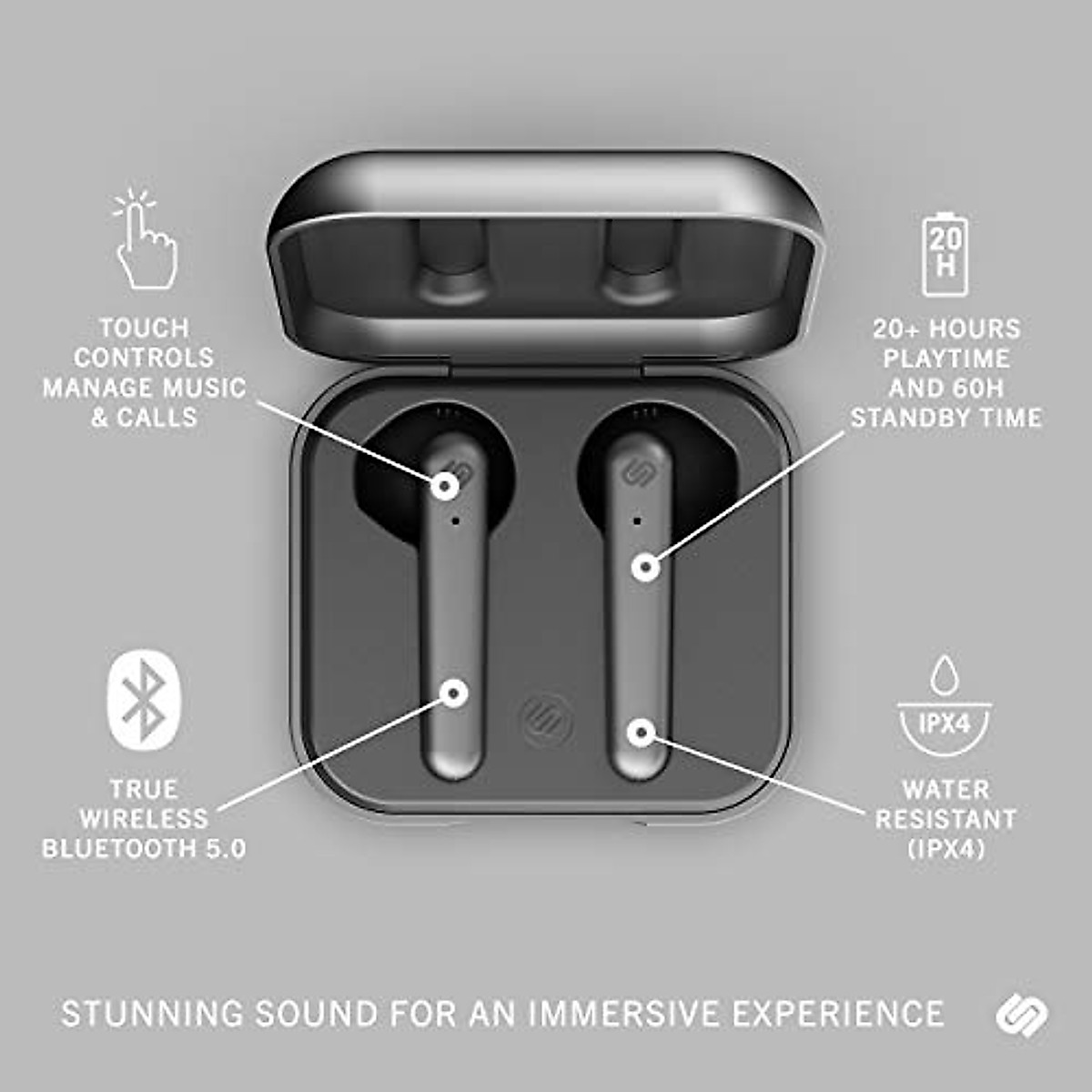 Urbanista Stockholm Plus True Wireless Earbuds - Over 20 Hours Playtime, IPX4 Waterproof Earphones, Bluetooth 5.0 Headphones, Touch Controls & Enhanced Microphone for Clear Calling, Titanium