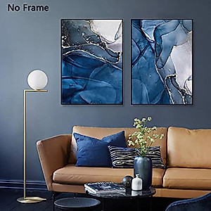 Abstract Grey White Navy Blue Large Wall Painting Canvas Wall Art Blue Marble Picture for Bedroom Wall Decor Modern Abstract Picture Canvas Artwork White and Blue Flower Art 16x24inchx3pcs No Frame