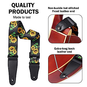 uxcell Guitar Strap, Classical Vintage Sunflower Print Guitar Shoulder Straps with Leather End, Adjustable Strap with free Lace Tie for Bass, Electric & Acoustic Guitars