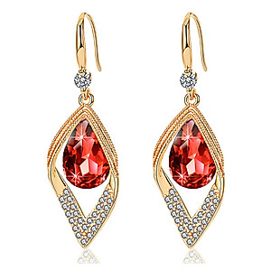 Austrian Crystal Teardrop Hollow Leaf Drop Dangle Earrings for Women 14K Rose Gold Plated Hypoallergenic Jewelry (Red)