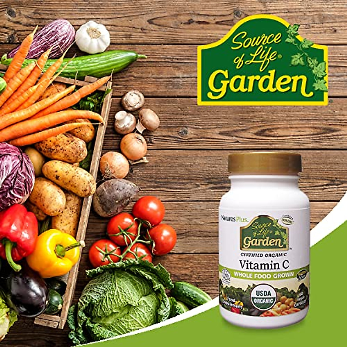 NaturesPlus Source of Life Garden Certified Organic Vitamin C - 500 mg, 60 Vegan Capsules - Whole Food Immune Support Supplement, Antioxidant - Vegetarian, Gluten-Free - 30 Servings