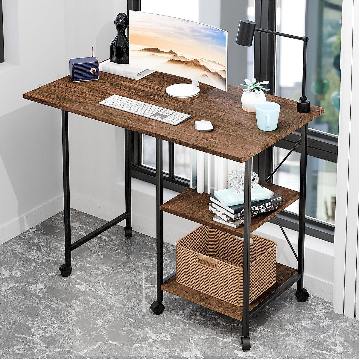 leasote 32 Inch Office Desk, Folding Computer Desk with Drawers, Home Office Desk Gaming Desk with Bookshelf Design, Small Computer Desk with Casters, Rolling Desk Laptop Cart Brown