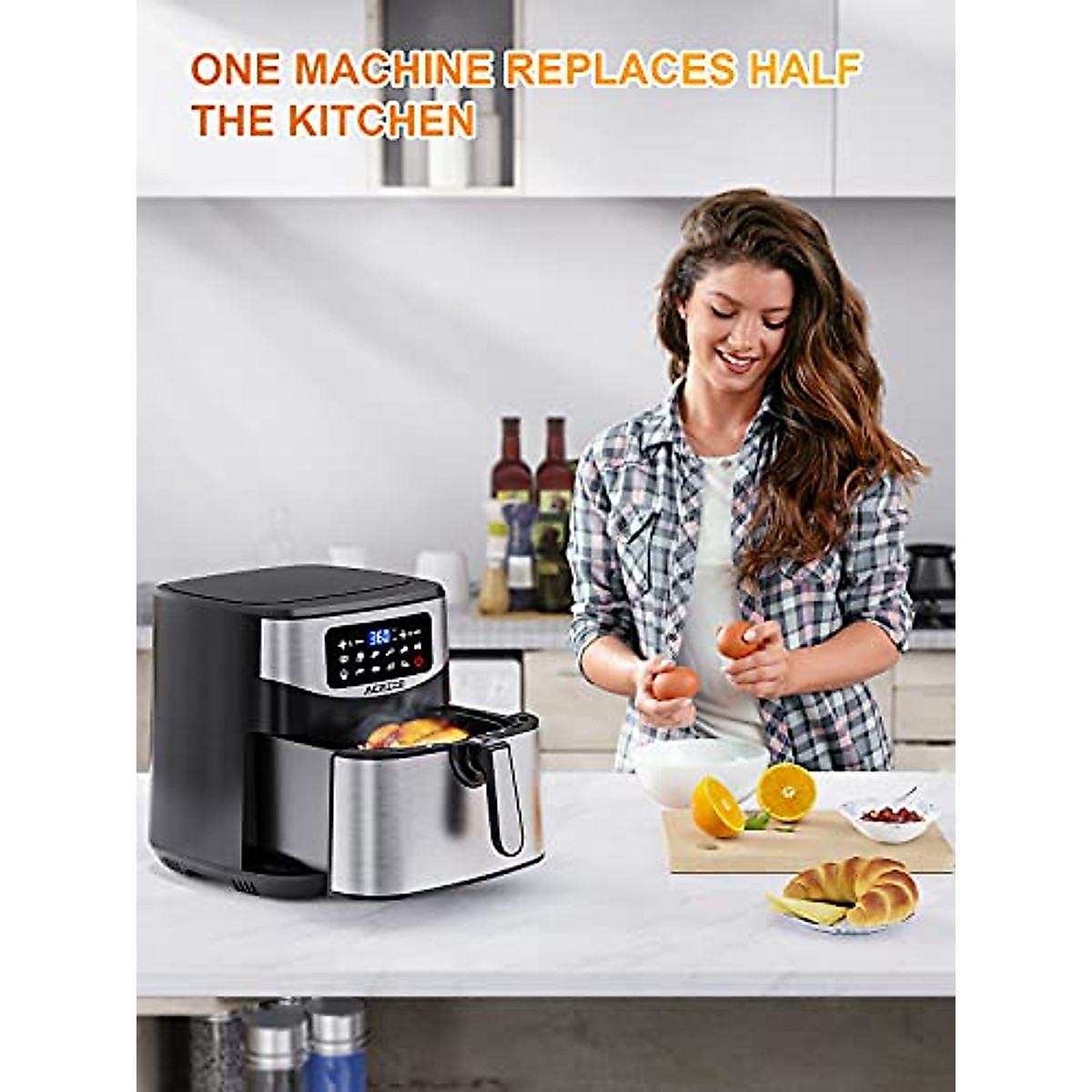 Acezoe Stainless Steel 7.4 QT Digital Air Fryer 1700-Watt with 9 Preset Cooking Functions, LED Touchscreen, Non-Stick Coating, 43 Recipes, Easy to Clean, Auto Shut-Off