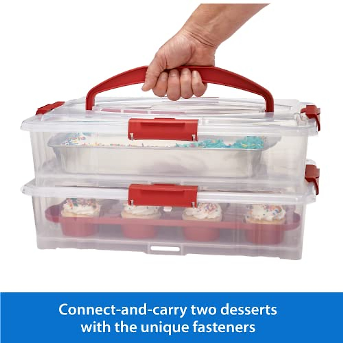 Buddeez Cupcake and Cake Carrier; Stackable Holder includes [CUT/SERVE UTENSIL Under Lid]