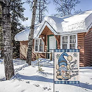 Covido Home Decorative Snuggle Up Gnomies It's Cold Outside Winter Garden Flag, Blue Gnome Yard Outside Decorations, Snowflakes Farmhouse Outdoor Small Decor Double Sided 12x18