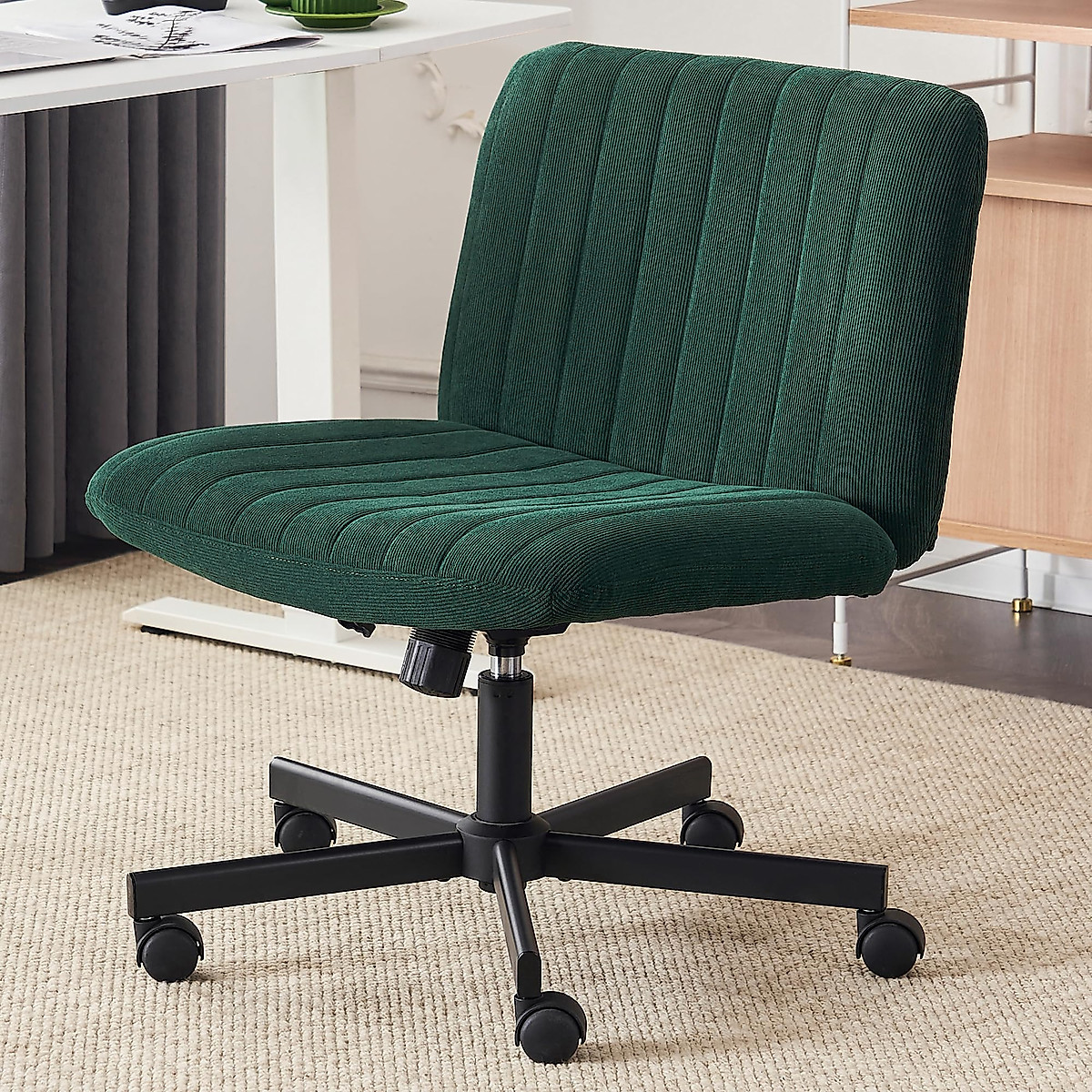 HoeuThien Green Desk Chair with Wheels Criss Cross Seat Home Wide Armless Office Computer Chair Adjustable Swivel Side Vanity Chair Dark Green for Girls