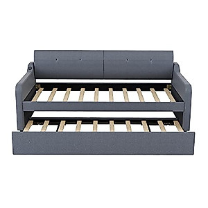 Harper & Bright Designs Twin Size Upholstery Daybed with Adjustable Trundle and USB Charging Design, Wooden Twin Daybed with Pop Up Trundle, No Spring Box Needed, Gray