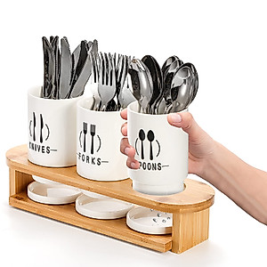 Fasmov Flatware Holder, 3 Pack Silverware Caddy with Bamboo Rack, Utensil Holder Ceramic Flatware Caddy White Ceramic Cutlery Organizer for Forks, Spoons, Knives