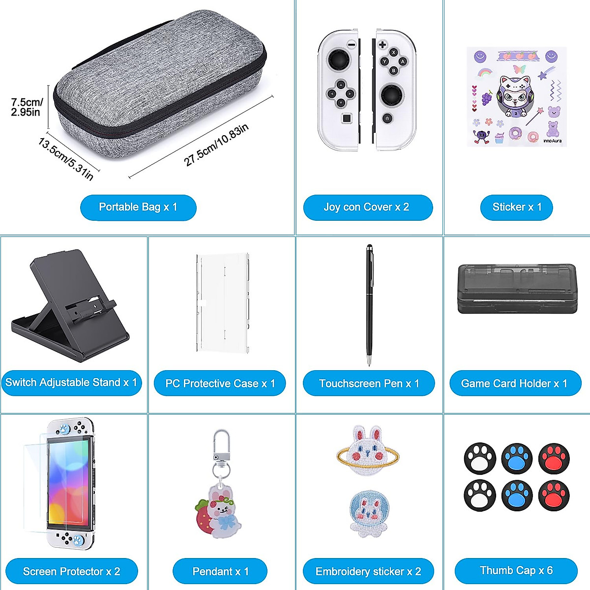 innoAura Switch OLED Accessories Bundle 19 in 1 Switch Bundle with Switch Case, Switch Game Case, Switch OLED Screen Protector, Switch Stand, Switch Thumb Grips (Gray)