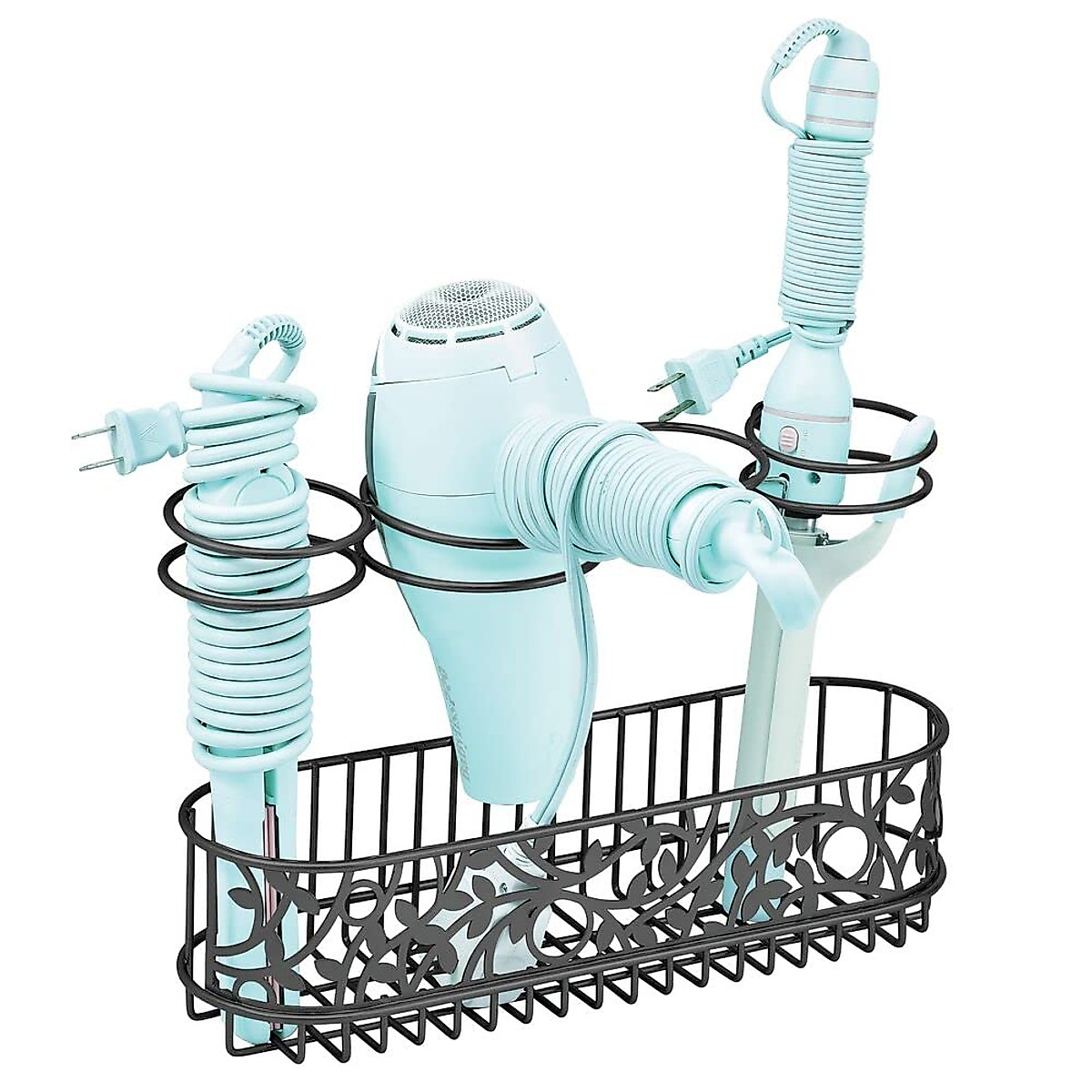 mDesign Steel Wall Mount Hair Dryer Holder, Styling Tool Storage Organizer Basket for Bathroom - Holds Hair Dryer, Flat Iron, Curling Wand, Hair Straighteners, Brushes - Arbor Collection - Matte Black