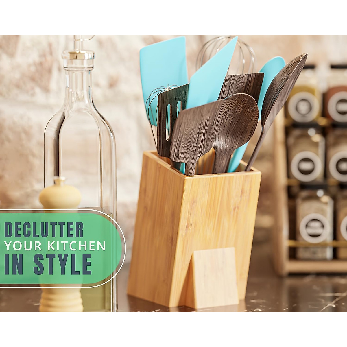 Comfify Bamboo Utensil Holder For Countertop - Large Upright Modern Organizer - Utensil Crock for Kitchen Counter