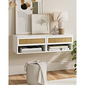 Floating Nightstand, Small Modern Floating Nightstand with Drawer, Floating Shelves for Bedroom, Bathroom (White Rattan)