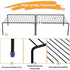 Kitchen Cabinet Storage Shelf Rack/Plastic Feet - (13.1 x 10.2 Inch) - Steel Metal - Rust Resistant Finish - Cups, Dishes, Cabinet & Pantry Organization (4, Black)