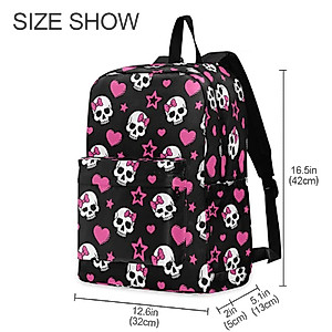 MNSRUU Student Backpack for School Pink Hearts and Skulls Laptop Backpack Aesthetic School Bookbags Casual Daypack Backpack Fits 15.6 Inch Laptop