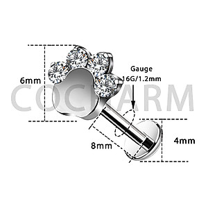 COCHARM 16G G23 Titanium Cartilage Earrings for Women Flat Back Dog Paw Print Upper Ear Cartilage Earrings Stud Internally Threaded Conch Earrings 16 Gauge Forward Helix Earrings