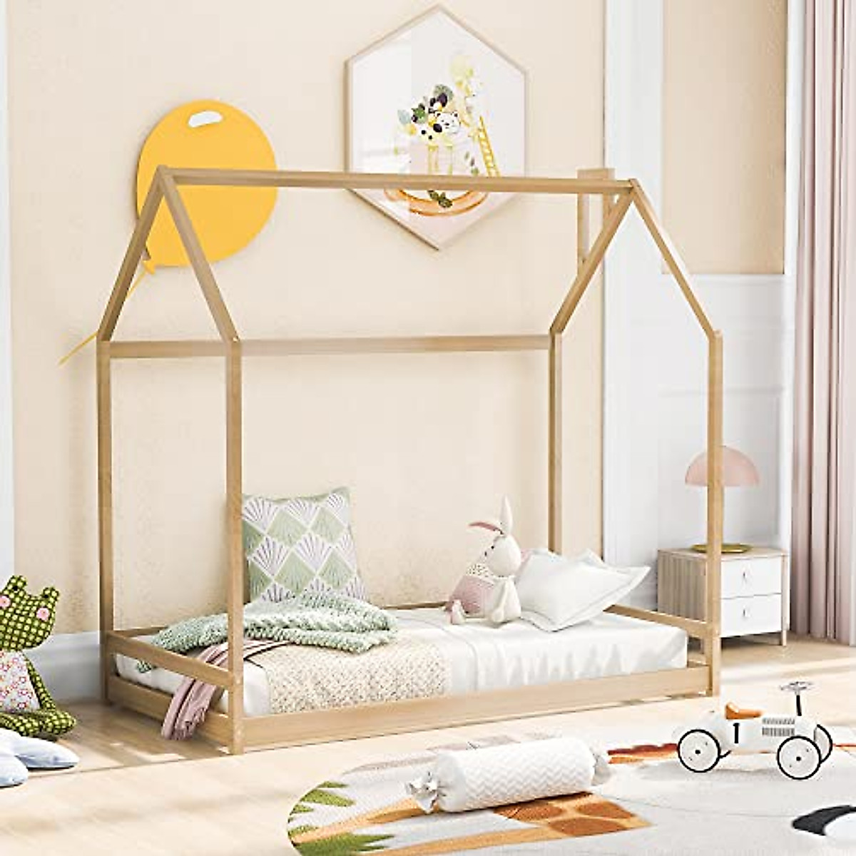 AOCOROE Twin Size House Bed Frame Floor Montessori House Bed Canopy Bed for Boys and Girls. House Shaped Wood Twin Bed Frame Without Slats, Natural