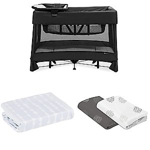 4moms Breeze Plus Portable Playard & Breeze Bassinet Sheets, for Baby Bassinets and Furniture, Grey Beads & Breeze Playard Sheets, White & Grey, 2 Pack