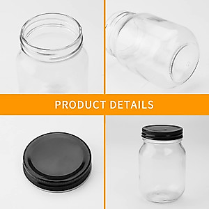 Encheng 16 oz Glass Jars With Black Lids,Wide Mouth Ball Mason Jars For Storage,Canning Jars For Pickles,Herb,Jelly,Jams,Honey,Dishware Safe,Set Of 15