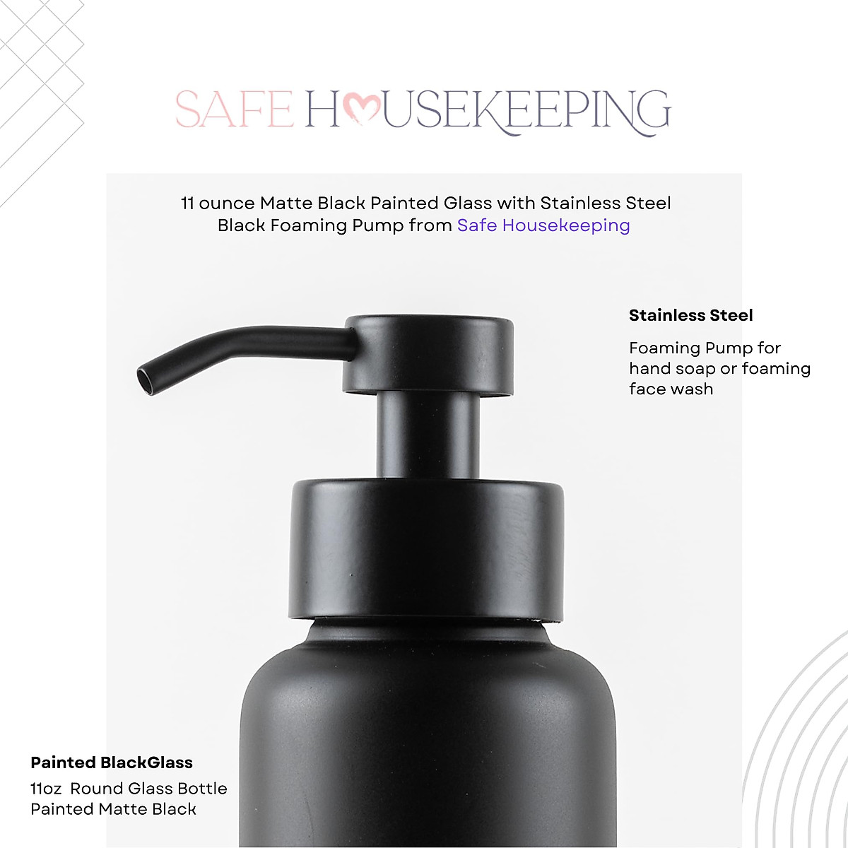 Black Glass Foaming Hand Soap Dispensing Bottle - Matte Black - 11 Ounce - Includes Hand Soap Labels & Silicone Coaster
