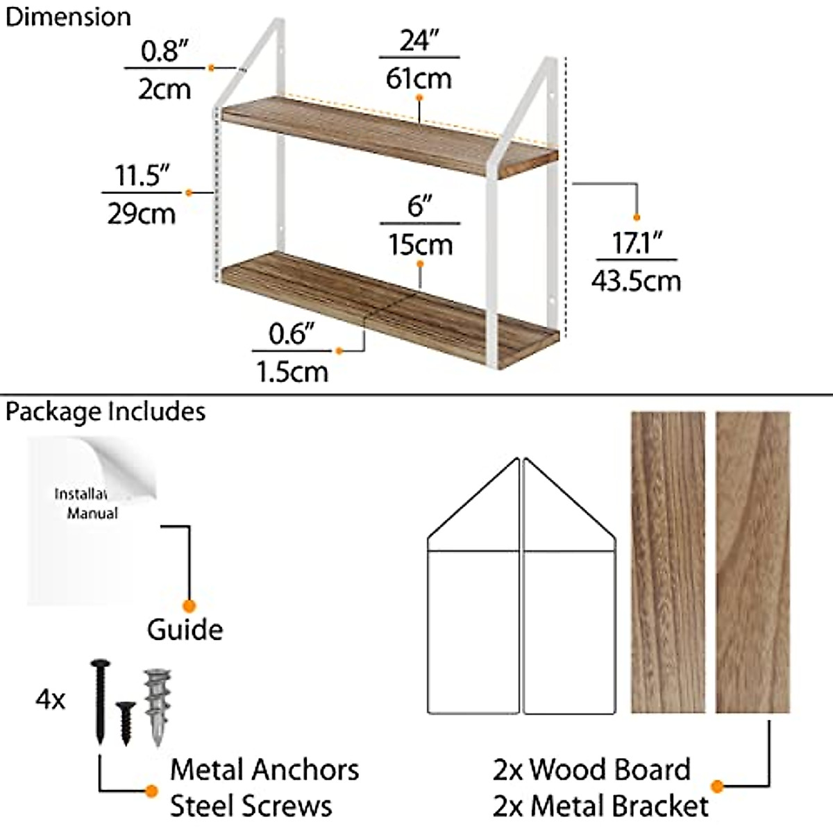 Wallniture Modena 2-Tier 24" Bathroom Organizer, Wall Shelves Kitchen Organization, Laundry Decor Book Shelves for Wall Living Room Burnt Finish, White Bracket