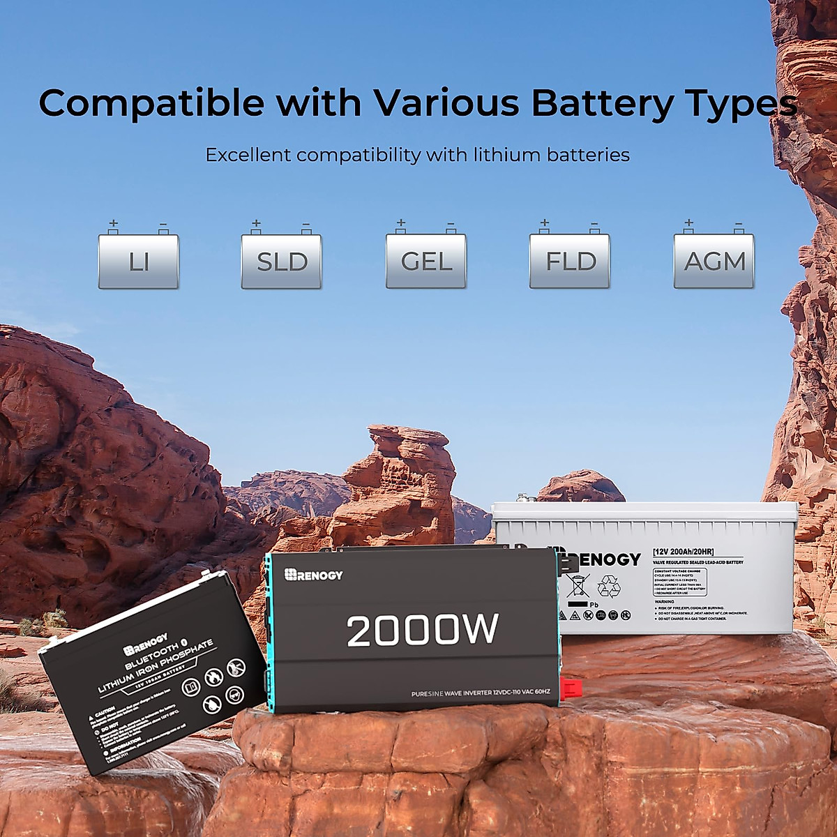 Renogy 2000W Pure Sine Wave Inverter 12V DC to 120V AC Converter for Home, RV, Truck, Off-Grid Solar Power Inverter 12V to 110V with Built-in 5V/2.1A USB / Hardwire Port, Remote Controller