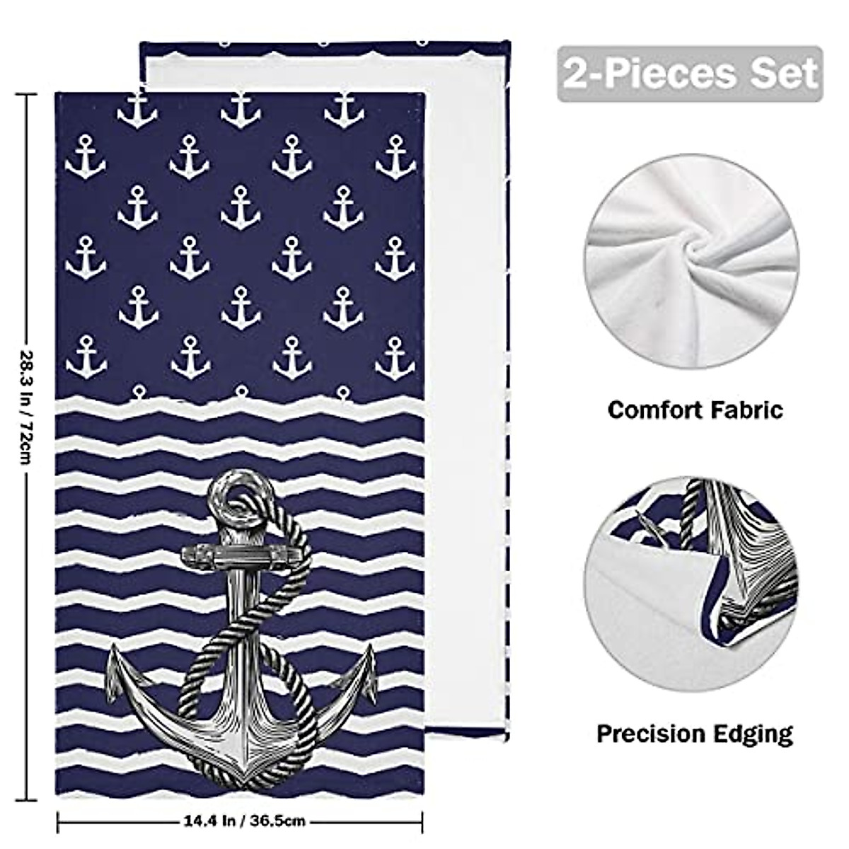 Anchor Bath Hand Towel 2 Pcs Absorbent Nautical White Stripe Hand Towels Sea Anchors Navy Blue Face Towel Soft Breathable Anchor Fingertip Towel for Bathroom Kitchen Hotel Spa Decor Gift 28.3x14.4in