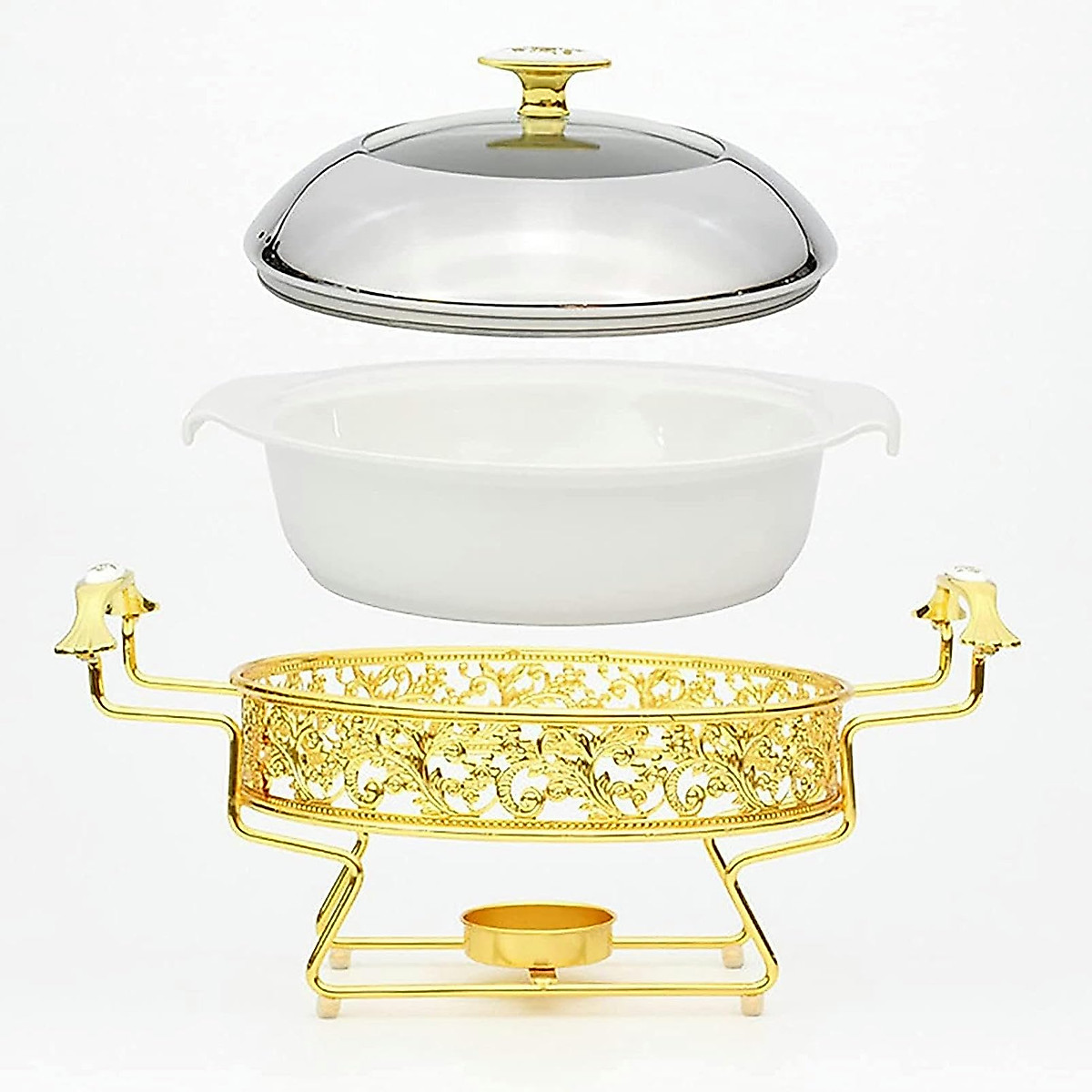FLTRGO Food Warmer for Parties Buffets, Food Warming Tray Golden Pattern Chafing Dish Buffet Set, Round Stainless Steel Chafer with Lid for Buffet Weddings Parties Banquets Catering Events