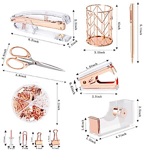Famassi Rose Gold Desk Accessories，Office Supplies Set Acrylic Stapler Set Staple Remover, Tape Holder, Pen Holder, 2 Ballpoint Pen, Scissor, Binder Clips, Paper Clips and 1000pcs Staples.