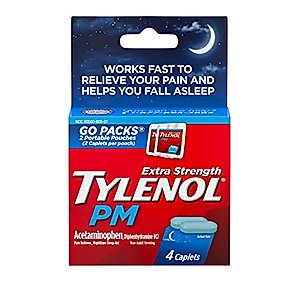 Tylenol PM Extra Strength Nighttime Pain Reliever Sleep Aid Caplets, 500 mg Acetaminophen, 25 mg Diphenhydramine HCl, Relief for Nighttime Aches & Pains, Travel Size, 2 Packs of 2 Caplets