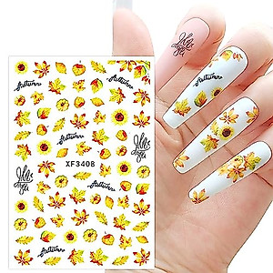 JMEOWIO 12 Sheets Fall Autumn Nail Art Stickers Decals Self-Adhesive Pegatinas Uñas Pumpkin Maple Leaf Thanksgiving Nail Supplies Nail Art Design Decoration Accessories